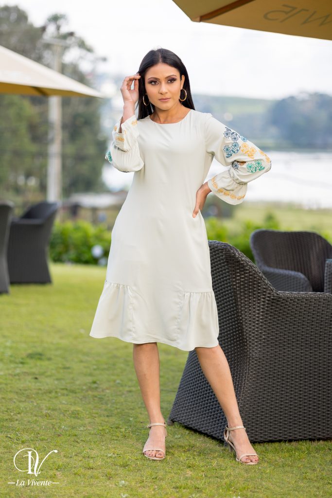 Sleeve Embroidered Frill Hem Dress - La Vivente