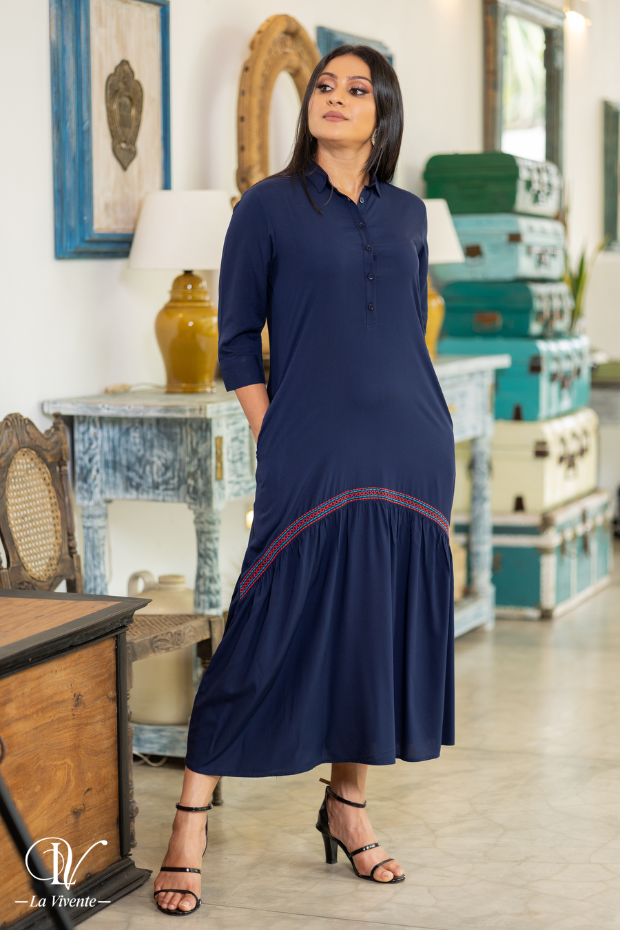 Geometric Embroidered Frilled Hem Maxi Dress - La Vivente