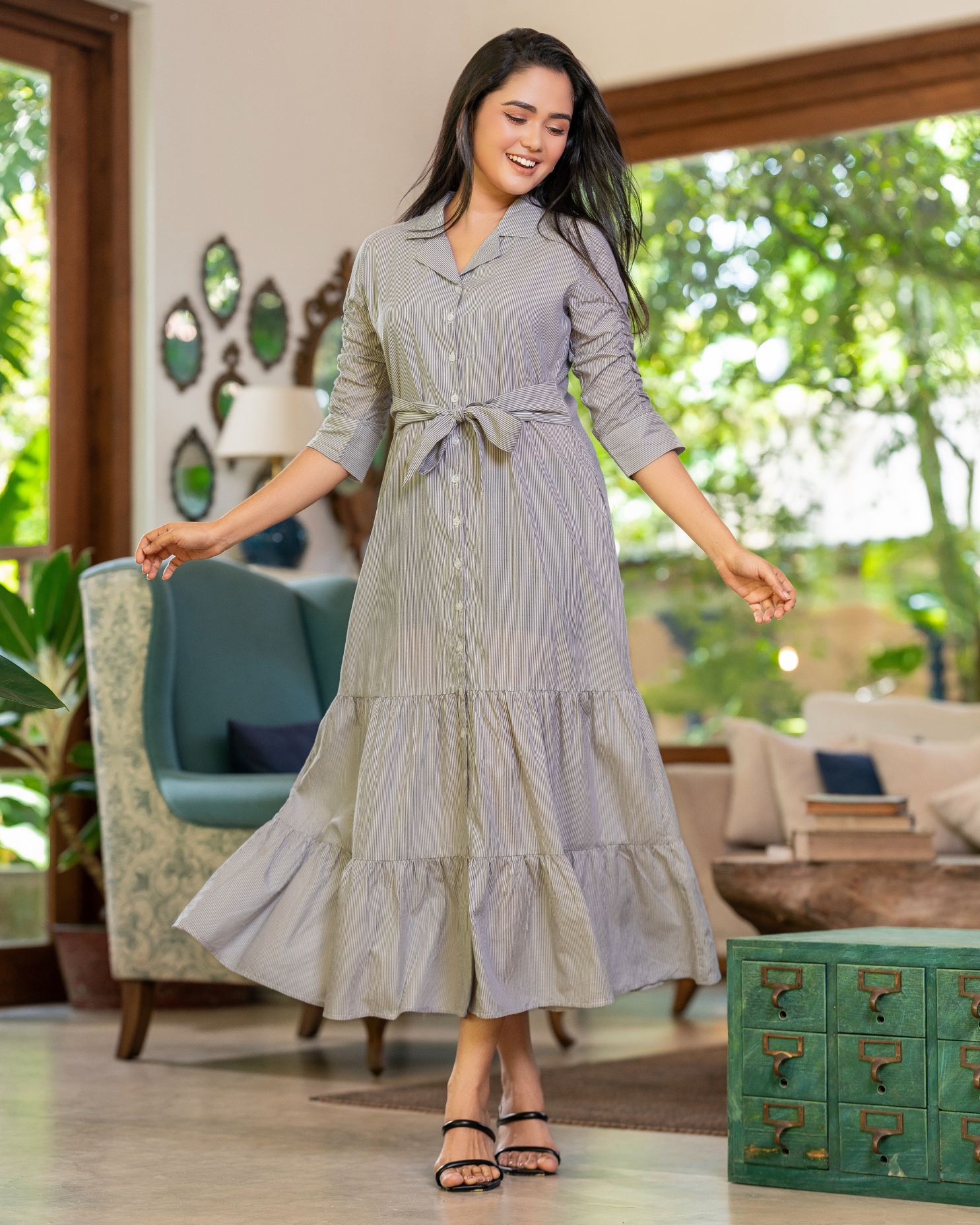 Belt Detail Lapel Collared Maxi Shirt Dress - La Vivente